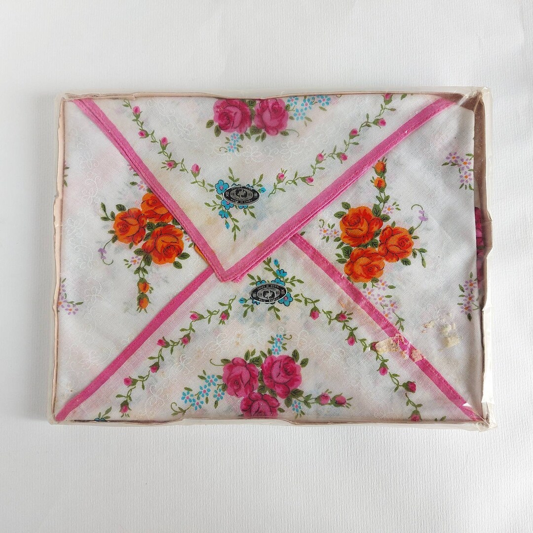 Mid Century - Set of Vintage Floral Cotton Handkerchiefs - New in Box ...