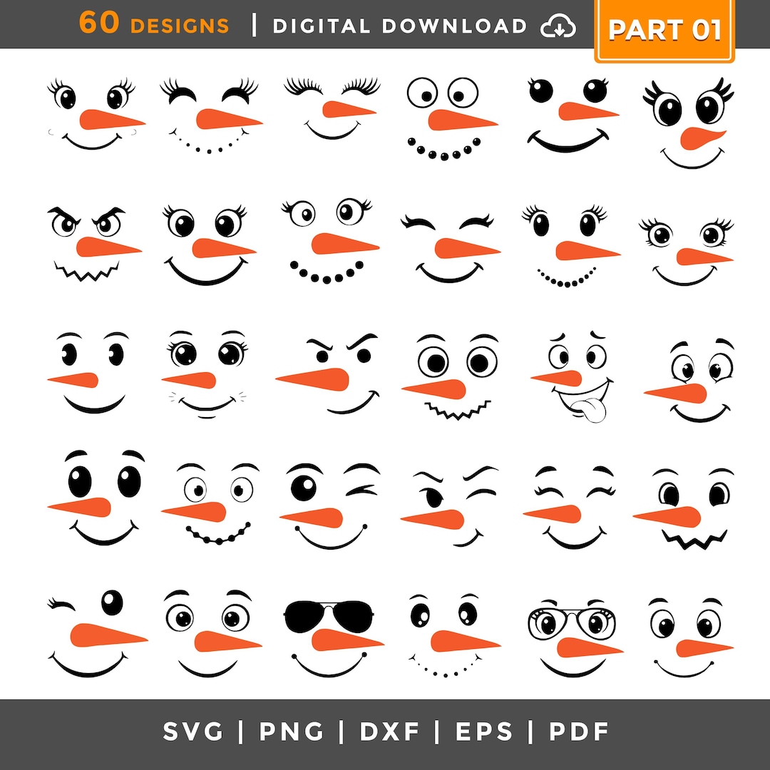 Snowman Faces Clipart: 60 Christmas Designs (svg, Png, Dxf, Eps, Pdf ...