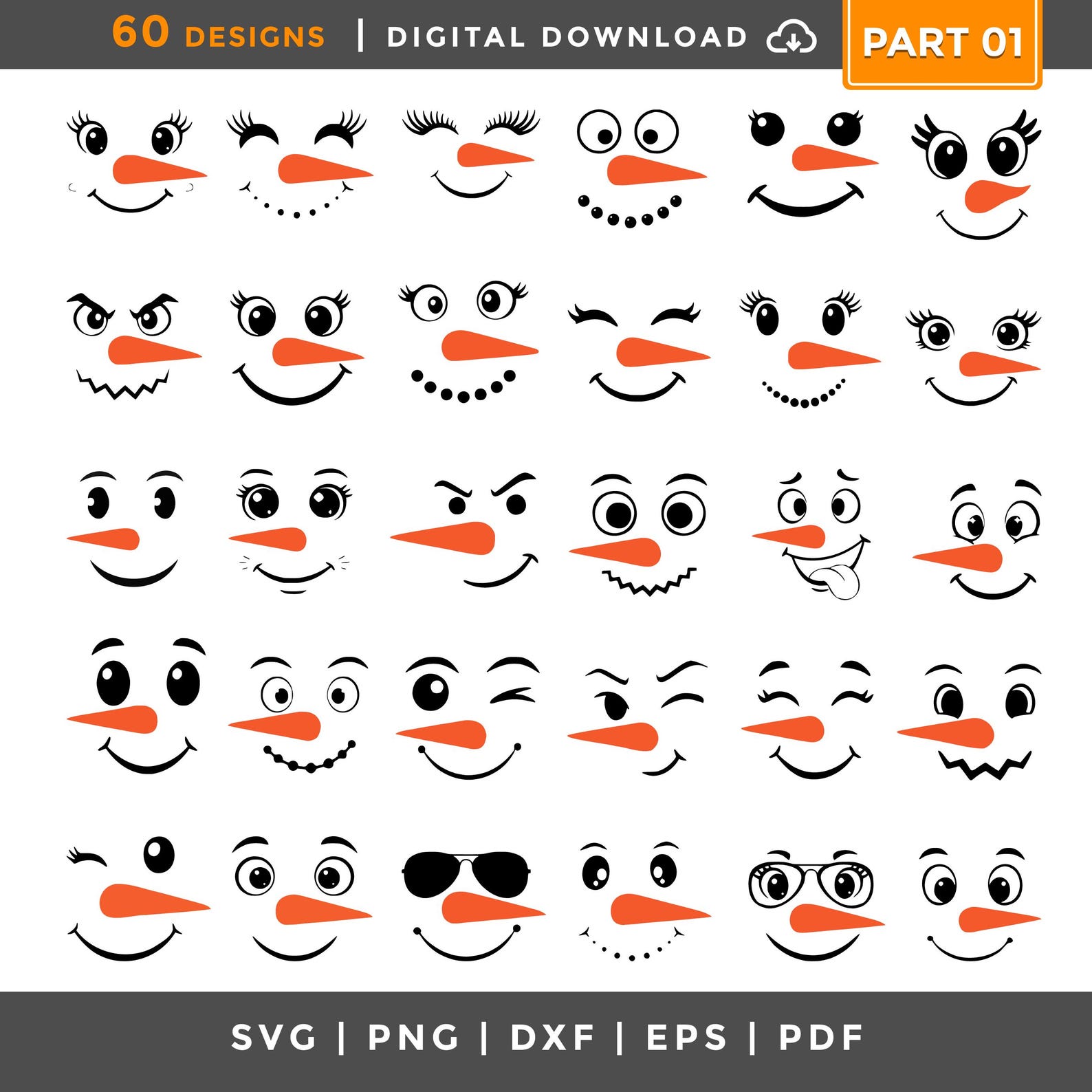 Snowman Faces Clipart: 60 Christmas Designs (svg, Png, Dxf, Eps, Pdf ...
