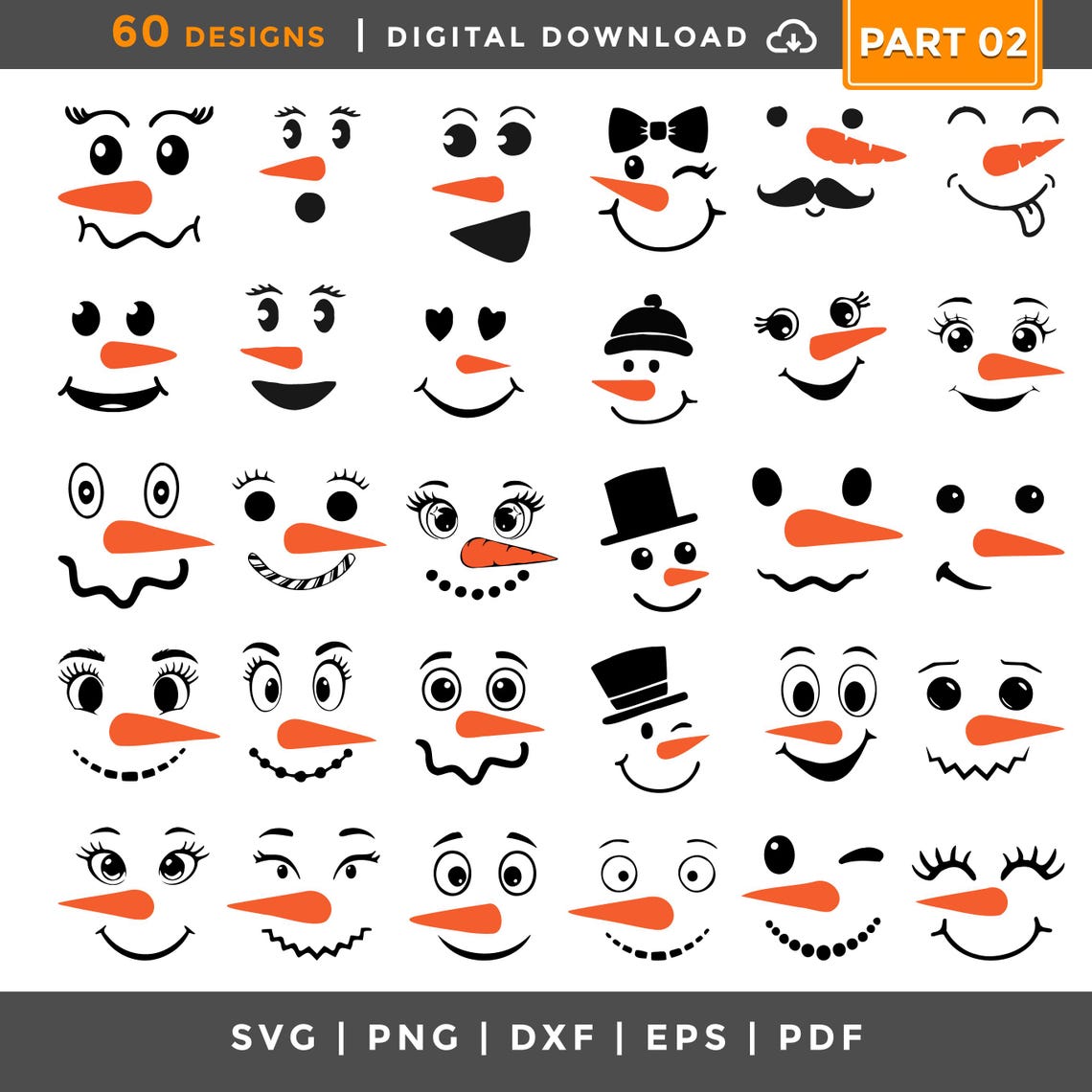 Snowman Faces Clipart: 60 Christmas Designs (svg, Png, Dxf, Eps, Pdf ...