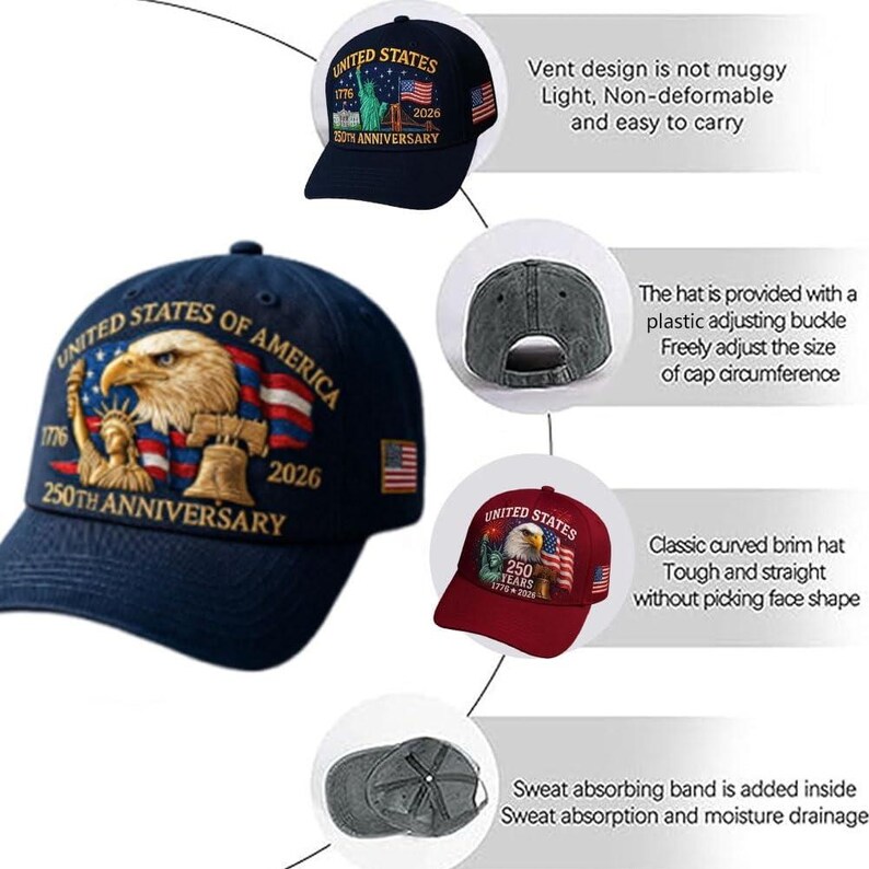 Patriotic Eagle Embroidered Washed Hat: USA 250th Anniversary Dad Cap ...