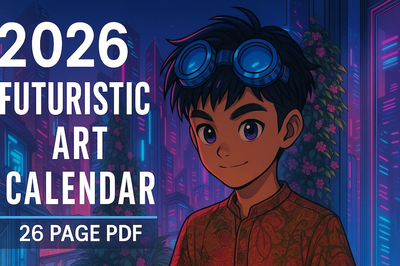 2026 Futuristic Printable Calendar PDF | Cyberpunk Art Wall Calendar ...