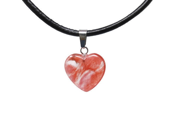 Cherry Quartz Heart Necklace ~ Black Leather Cord ~ Custom Length ...