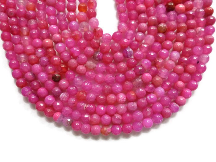 Hot Pink Agate - 6mm Faceted Round Bead - Fuchsia - Full Strand - 61 ...