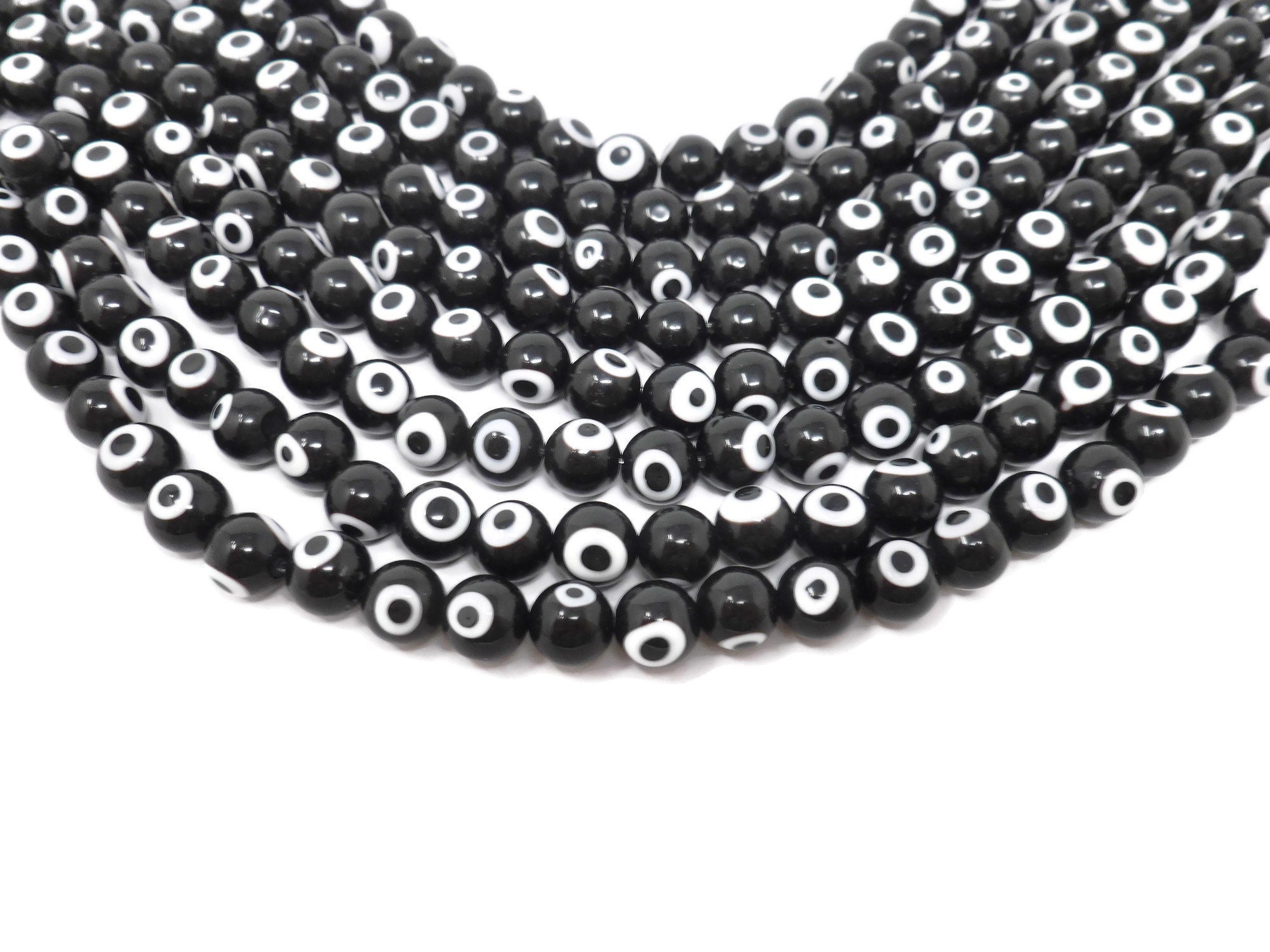 Black and White Lampwork Glass 10mm Round Evil Eye Bead - Whole Strand ...