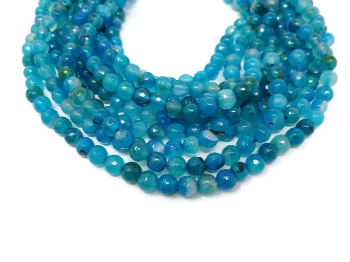 Blue Agate 6mm Faceted Round Bead - 58 beads - Full Strand - cyan aqua ...