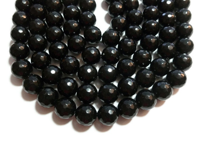 Black Stone 12mm Faceted Round Bead - Full Strand - 31 beads - shiny ...