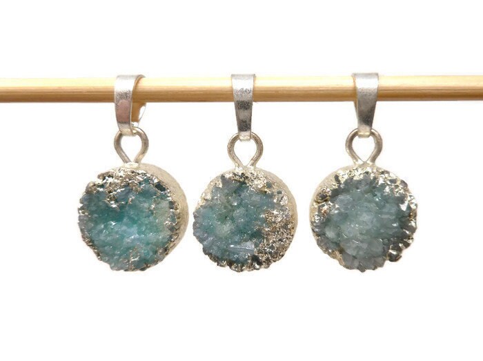 Aqua Blue Druzy Agate Round Circle Pendant - Silver Electroplate Edge ...