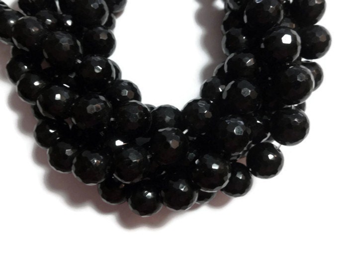 Large Black Faceted 14mm Round Bead - Shiny Stone - Full Strand - 28 ...