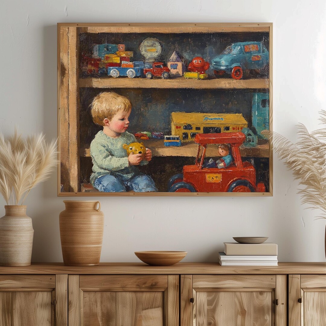 Vintage Child Playing With Red Toy Car - Classic Toyshop Scene ...