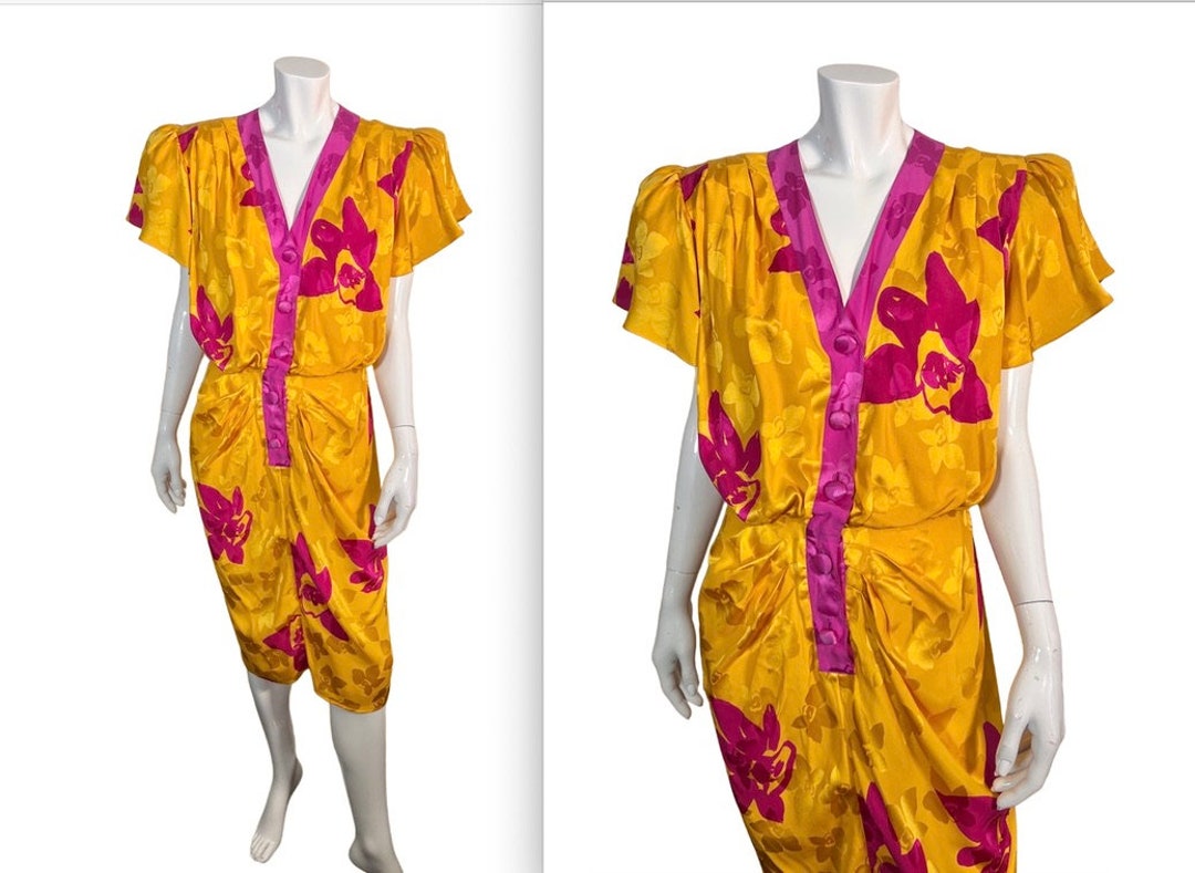 Vintage 1980s Flora Kung Bright & Colorful Big Shouldered Silk Dress Sz ...
