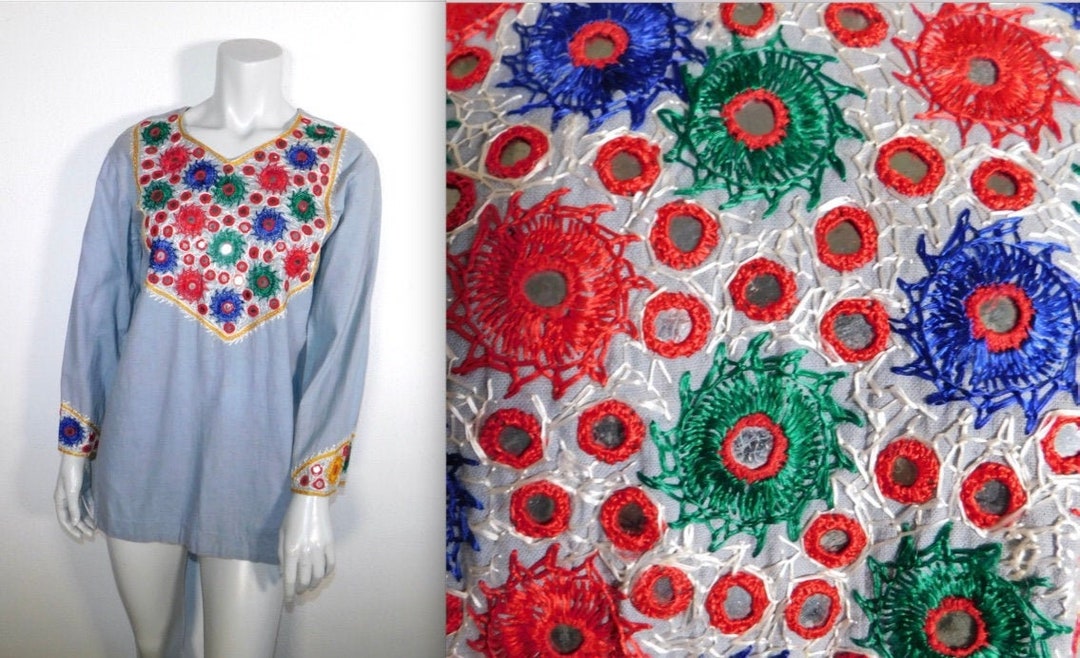 Vintage 1960s Indian Shisha Mirror Embroidered Tunic Top - Etsy