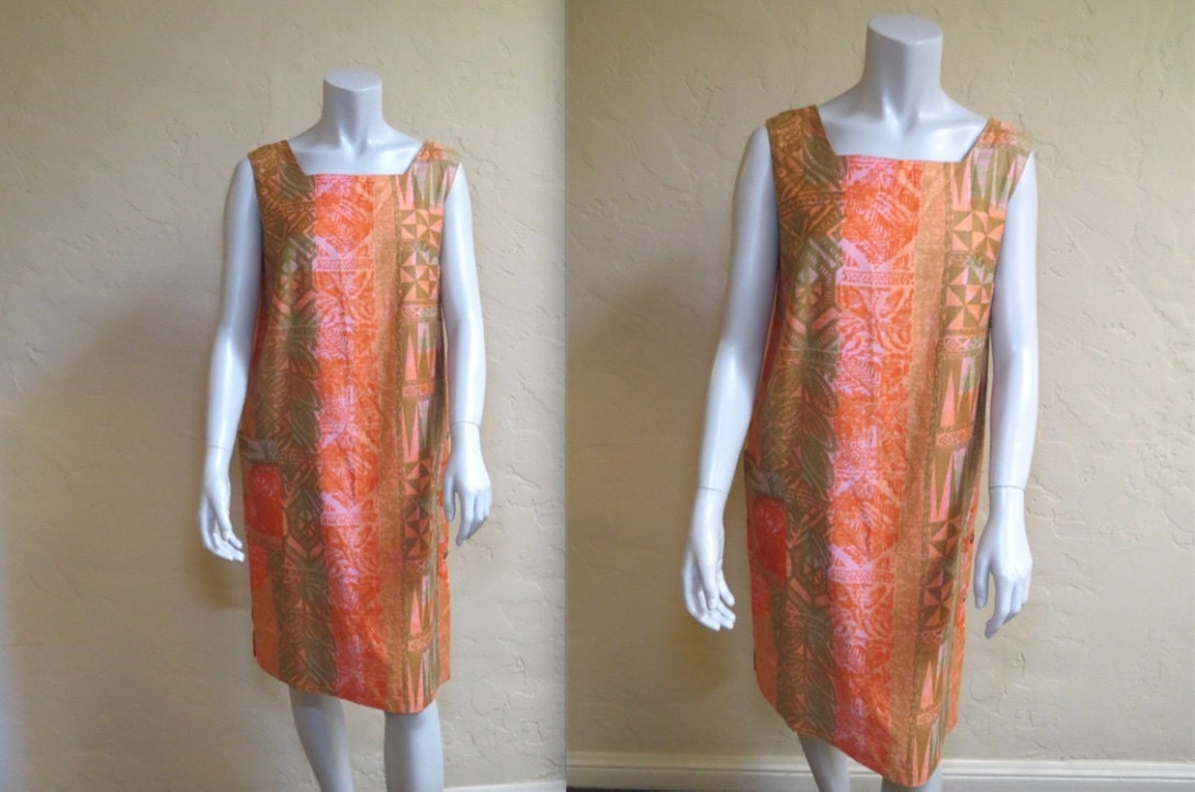 Vintage 50s 60s Beachcomber by Nani Tiki Tribal Print Mumu Shift Dress ...