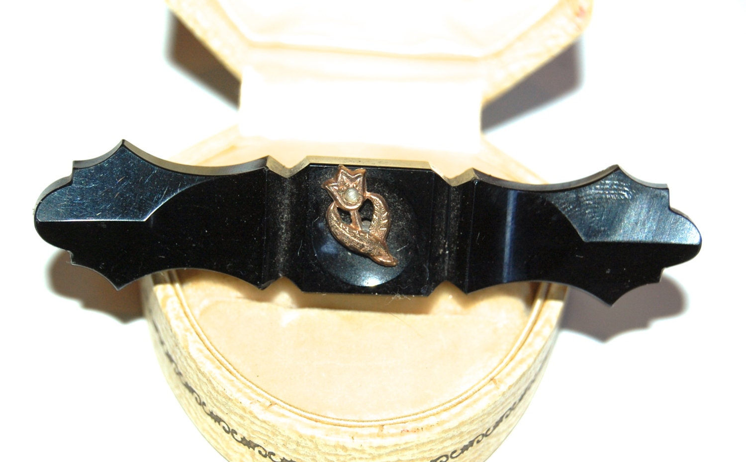 Huge Victorian Mourning Whitby Jet Bar Pin W Gold & Pearl | Etsy