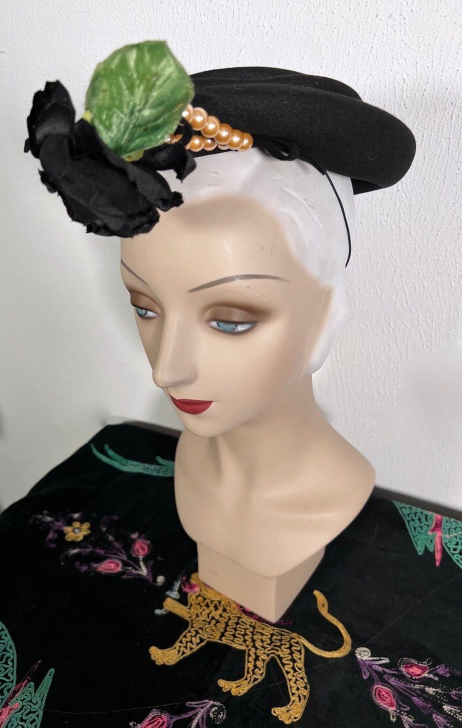 Whimsical 1940s Milgrim Tilt Platter Hat W Faux Pearls & Black Rose - Etsy