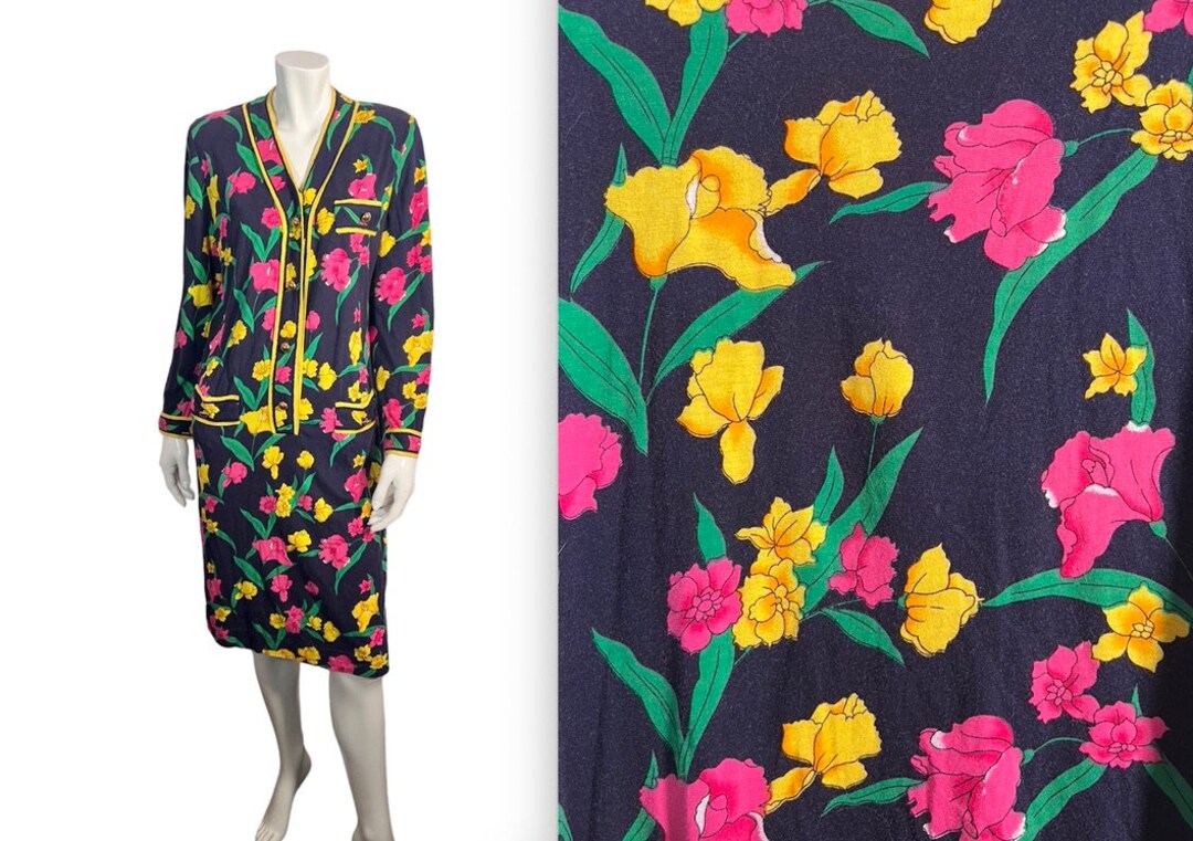 Vintage 80s Robert Janan by Eva Bright Floral Jersey Dress W Gold ...