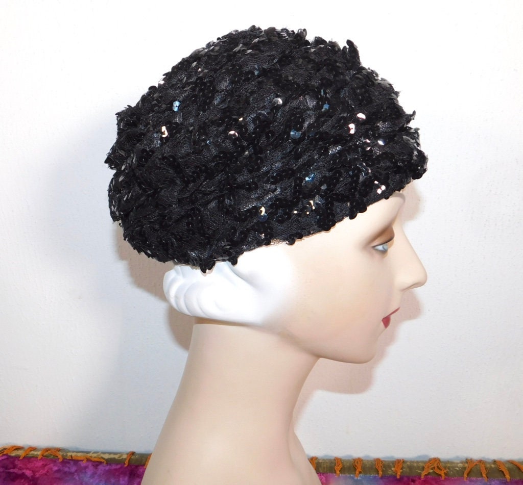 Glam Vintage 50s Black Sequined Mesh Toque Hat - Etsy