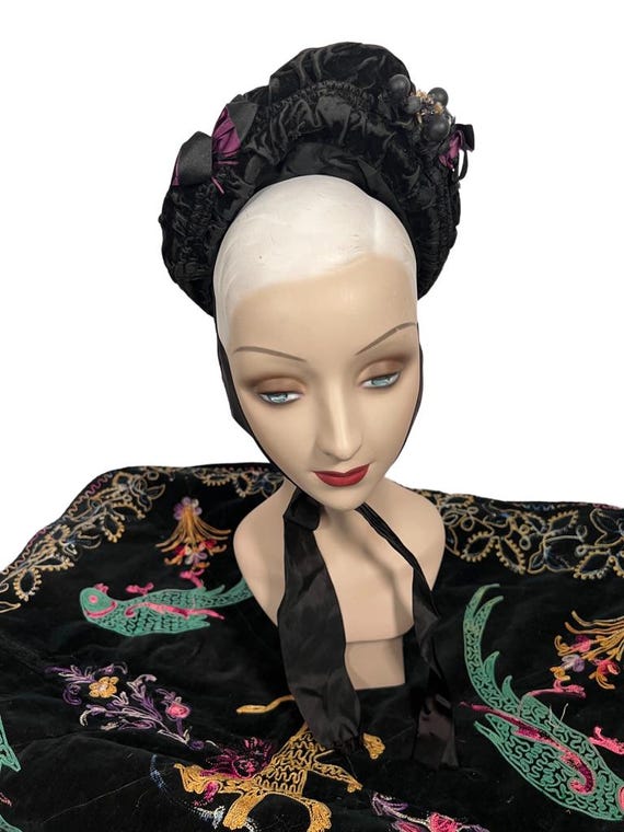 Antique Victorian Half Mourning Bonnet Hat Black & Pu… - Gem