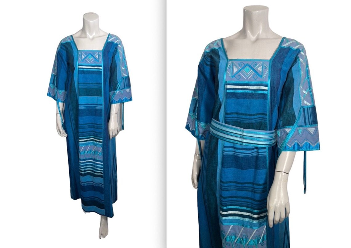 Fantastic Vintage 1970s Josefa Blue Embroidered Caftan Dress W - Etsy