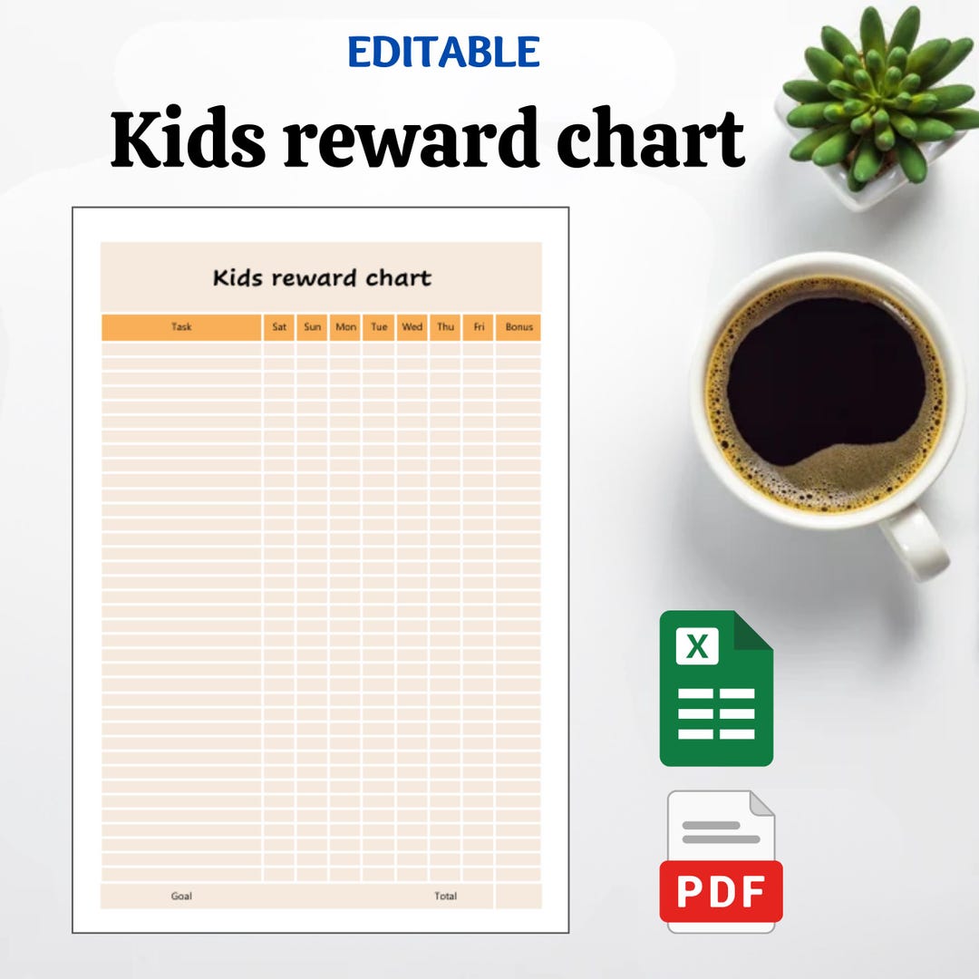 Printable Kids Reward Chart: Editable Excel & PDF Template - Etsy