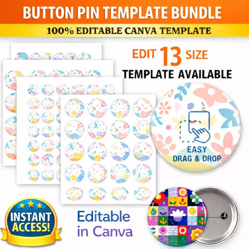 Button Pin Template Bundle Digital Download, Editable Badge Circle ...