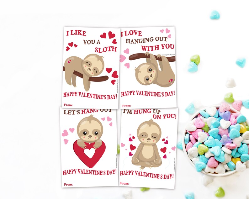 Printable Valentines Sloth Card, Valentines Day Printable, Classroom ...