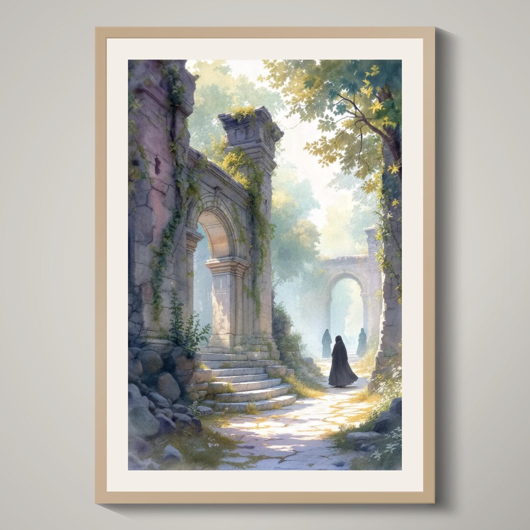 Monastic Ruins Wall Art: Hooded Figures in Ancient Stone Passage ...