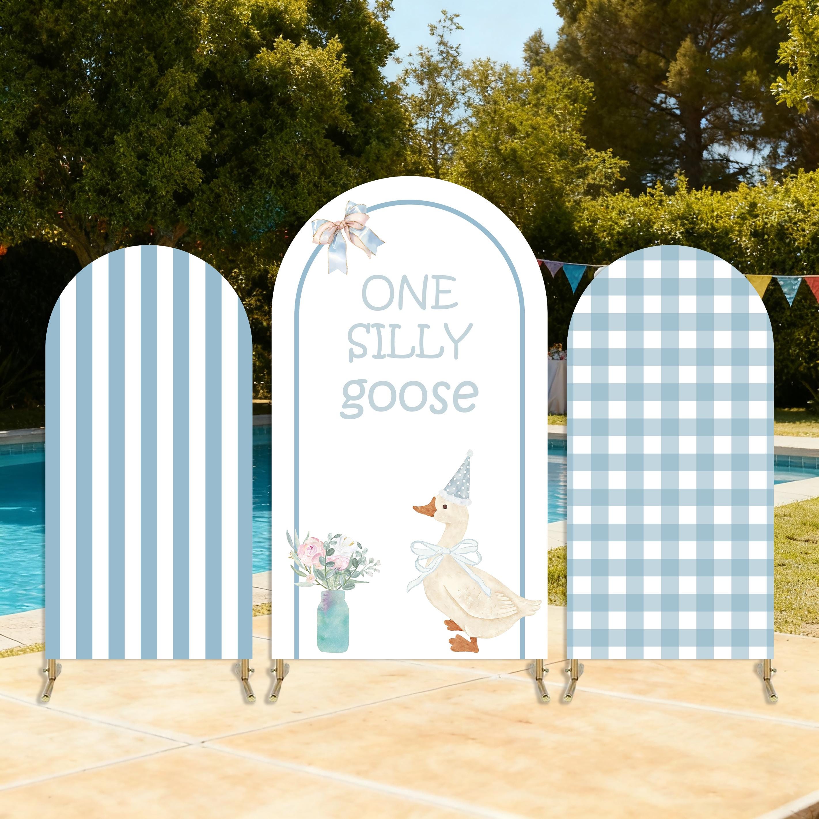 Silly Goose 1st Birthday Arched Backdrop Cover – Blue Gingham Party ...