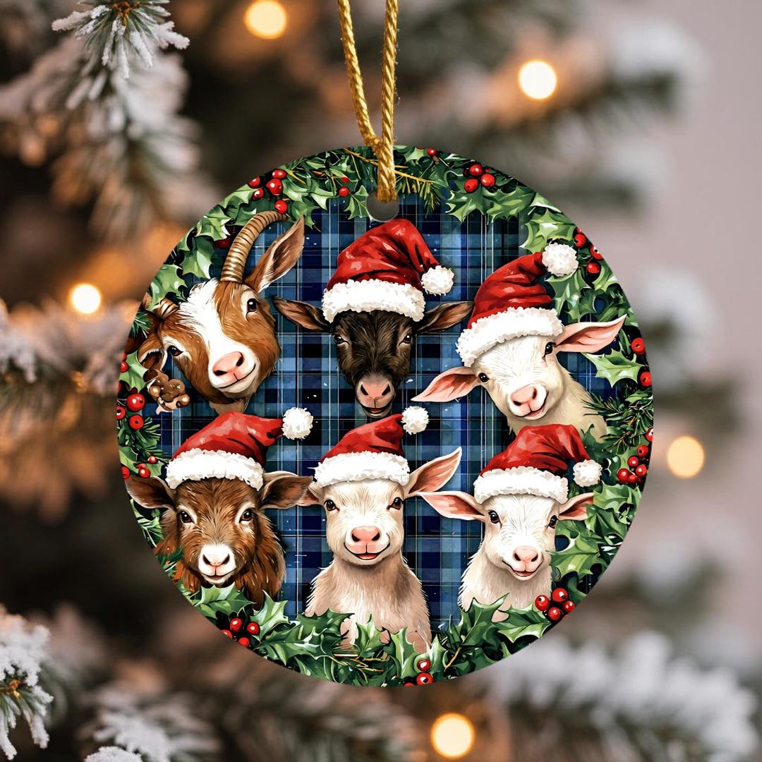 Goat Christmas Ornament, Round Ceramic Tree Decoration With Goats in ...