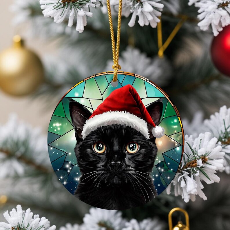 Black Cat Christmas Ornament With Santa Hat, Stained Glass Style ...