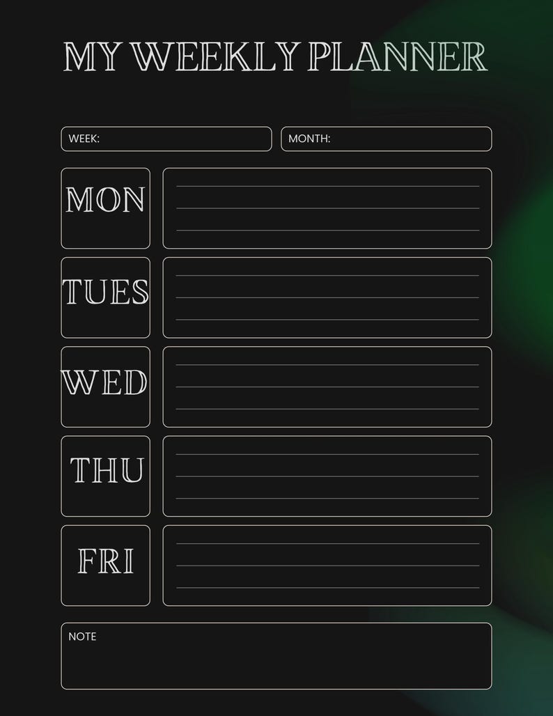Minimal Weekly Planner Printable | Black Gothic Weekly Planner | Simple ...