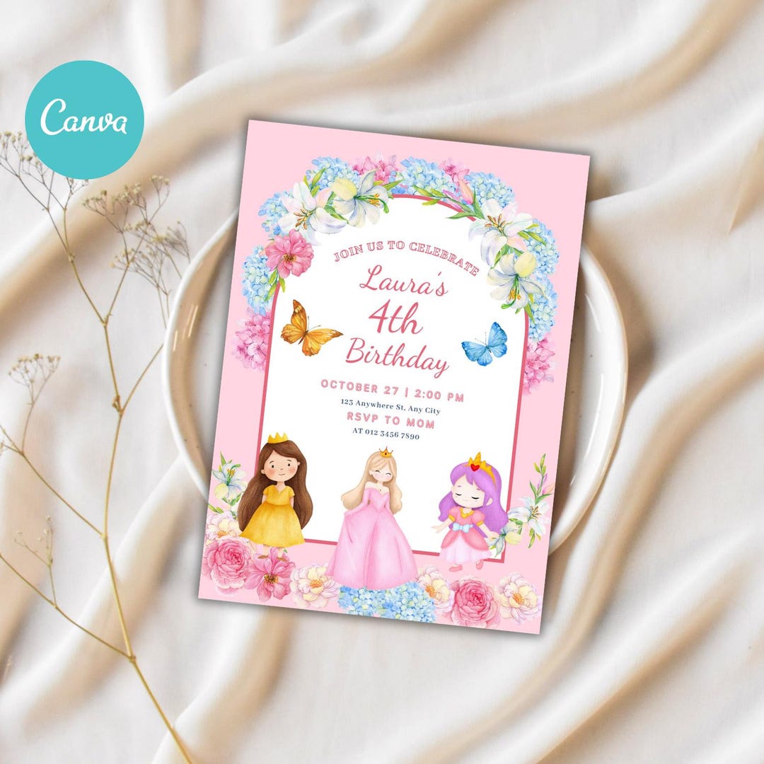 Watercolor Princess Birthday Invitation: Pink & Blue Party (digital ...