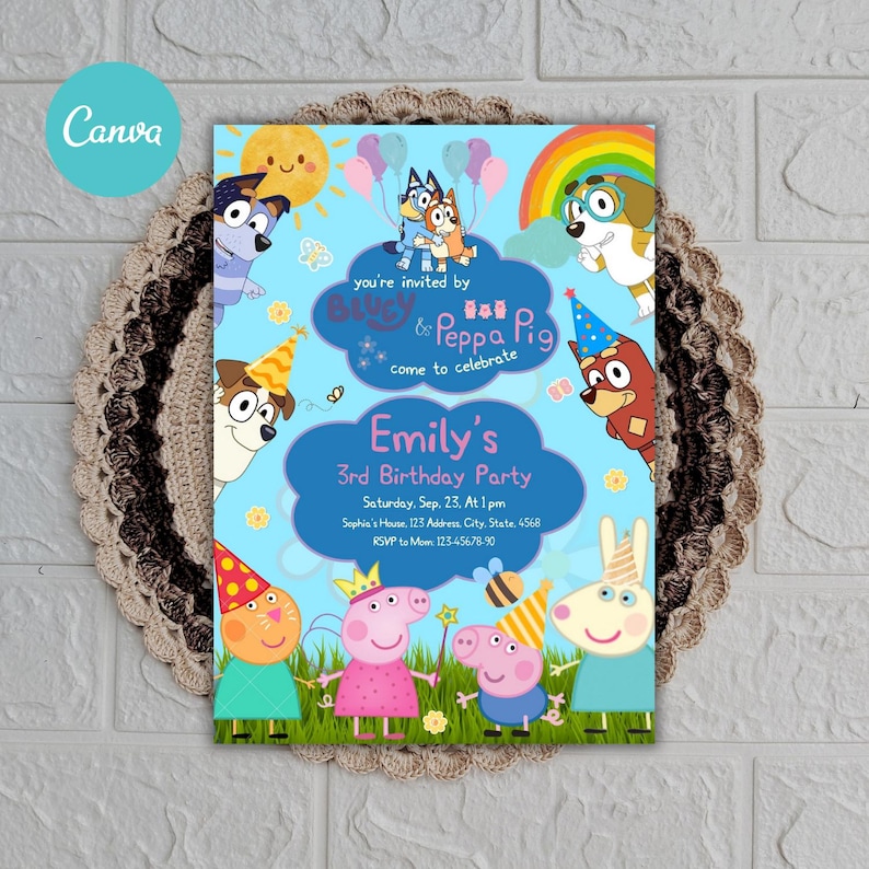 Bluey Peppa Pig Birthday Invitation Girl, Editable Canva Template, Blue ...