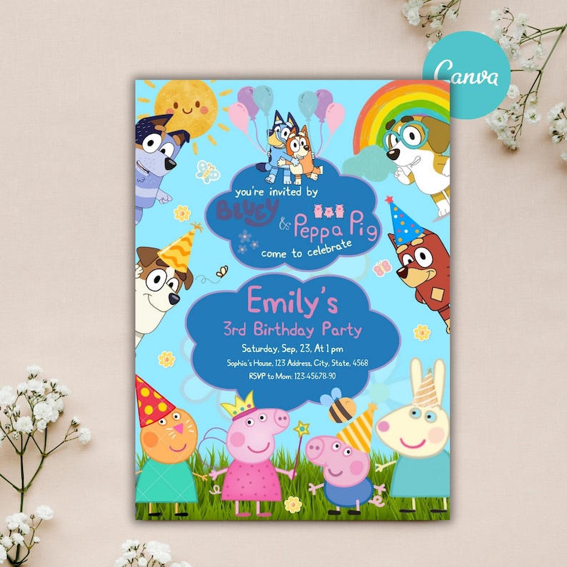 Bluey Peppa Pig Birthday Invitation Girl, Editable Canva Template, Blue ...