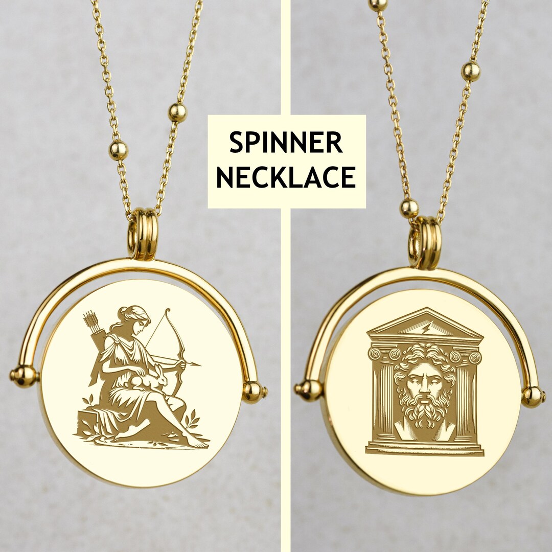 14K Solid Gold Greek Mythology Spinner Necklace, Dual Sided Zeus and ...