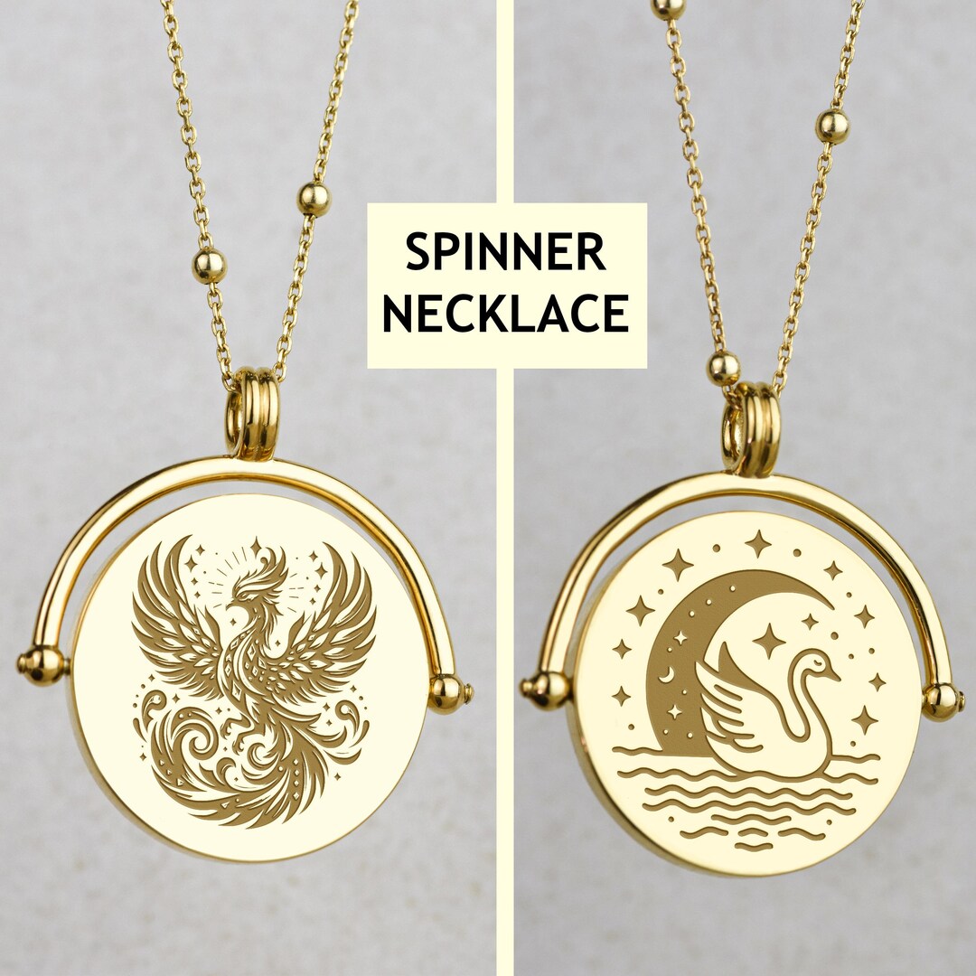 14K Solid Gold Phoenix Spinner Necklace, Dual Sided Swan Pendant ...