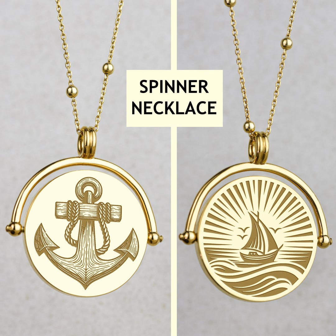 14K Gold Spinner Necklace, Sailboat & Anchor Pendant - Etsy