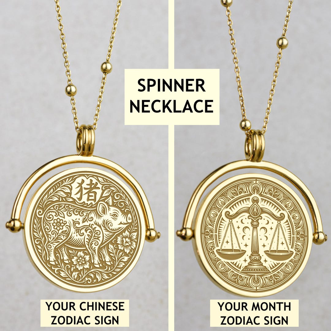 14K Gold Spinner Necklace, Libra Horoscope, Chinese Pig Sign Pendant - Etsy