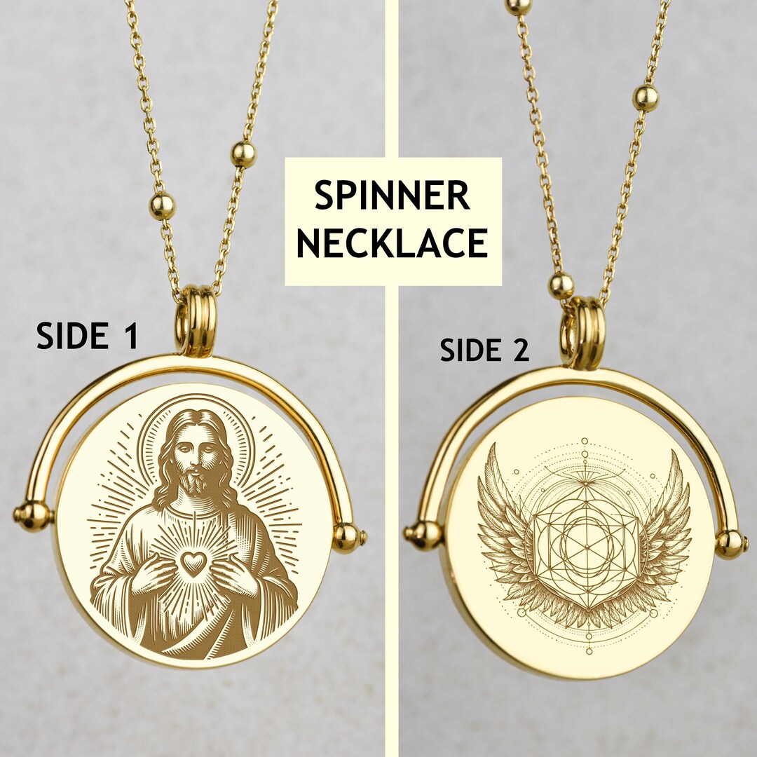 14K Gold Jesus and Metatron Wings Spinner Necklace, Double Sided ...