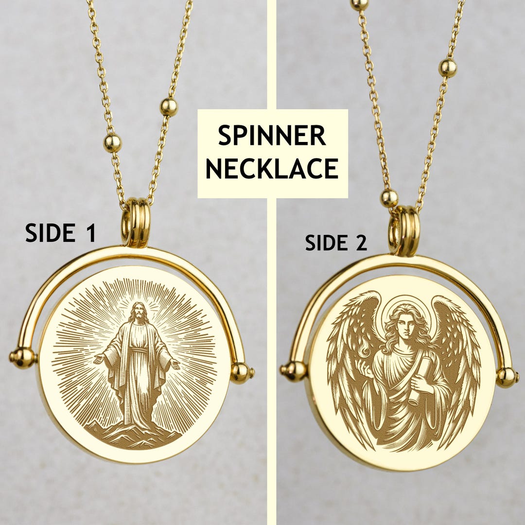 14K Gold Jesus and Guardian Angel Spinner Necklace, Double Sided ...