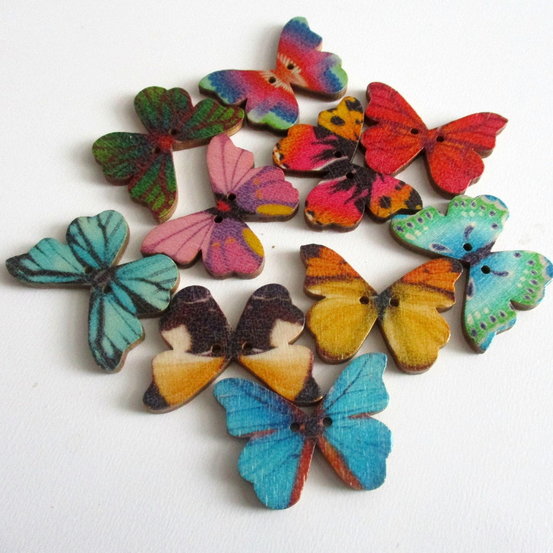 Wood Butterfly Buttons Multi-color, Pack of 10, 28x21mm, Craft Supplies ...