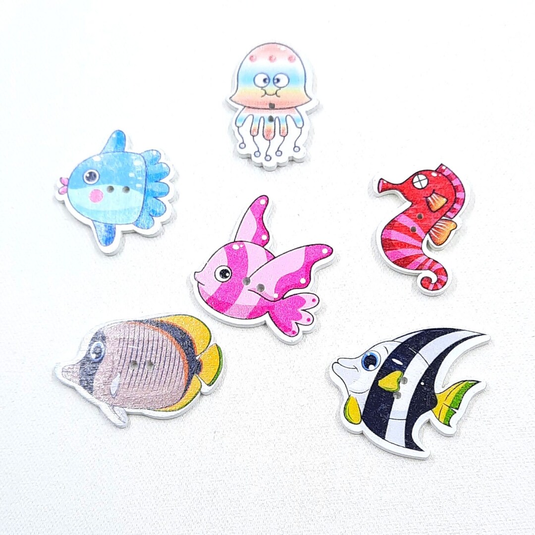 Sea Creature Buttons Wood, Pack of 20 Buttons, Fish Buttons, Wood ...