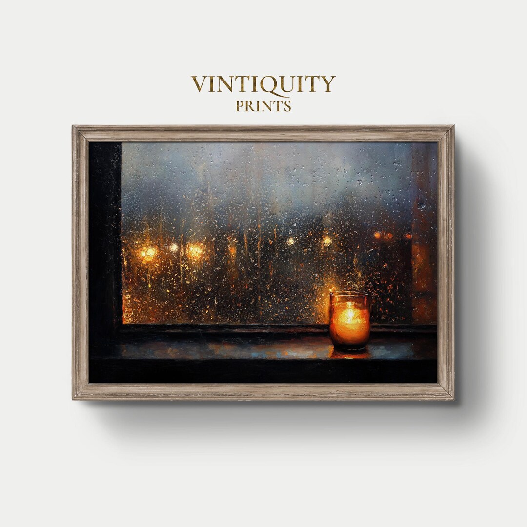 Christmas Candlelight Rain Printable Wall Art, Cozy Holiday Window ...
