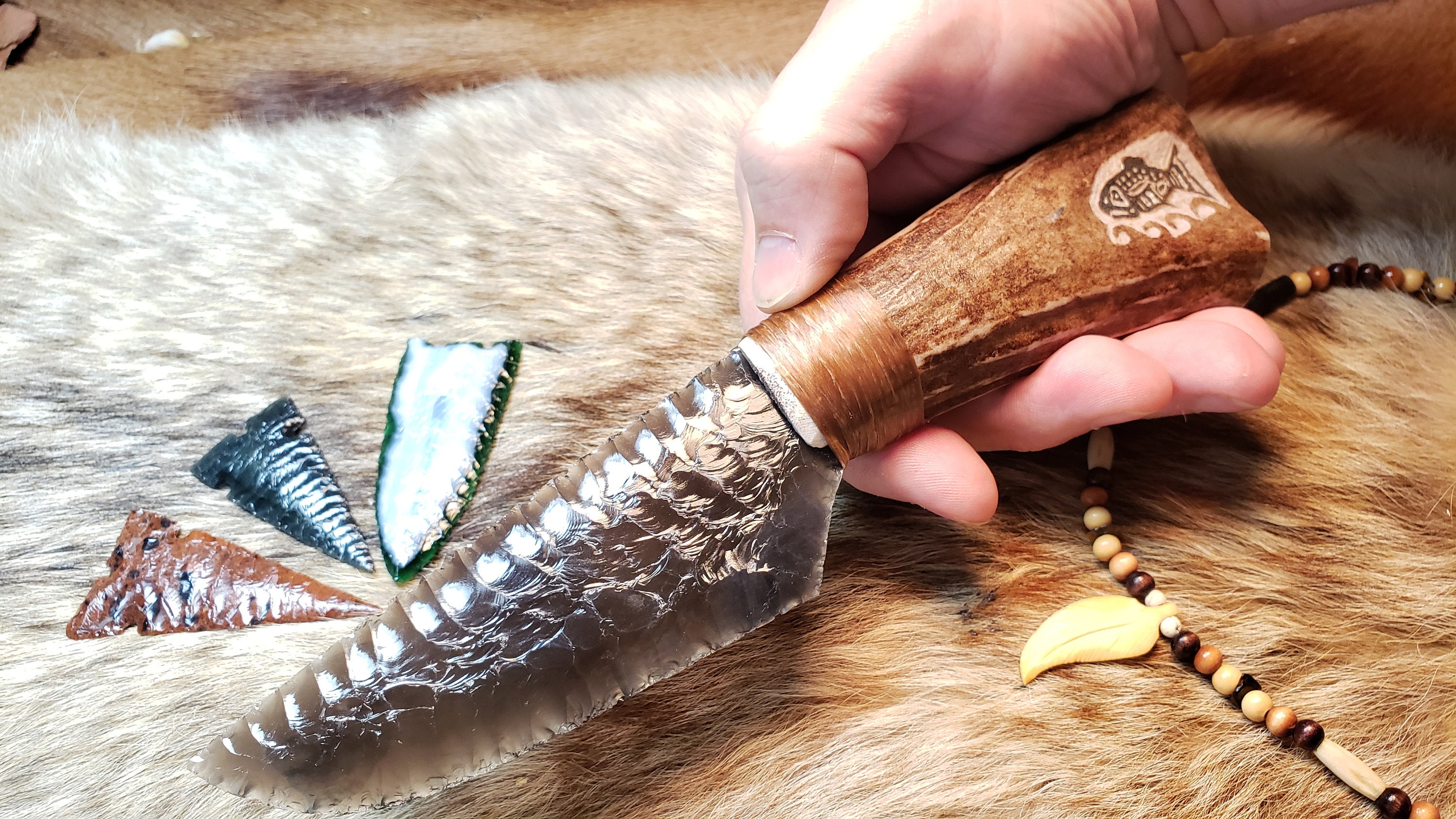 Collectibles Flintknapped Primitive Stone Knife Whitetail Antler Handle ...