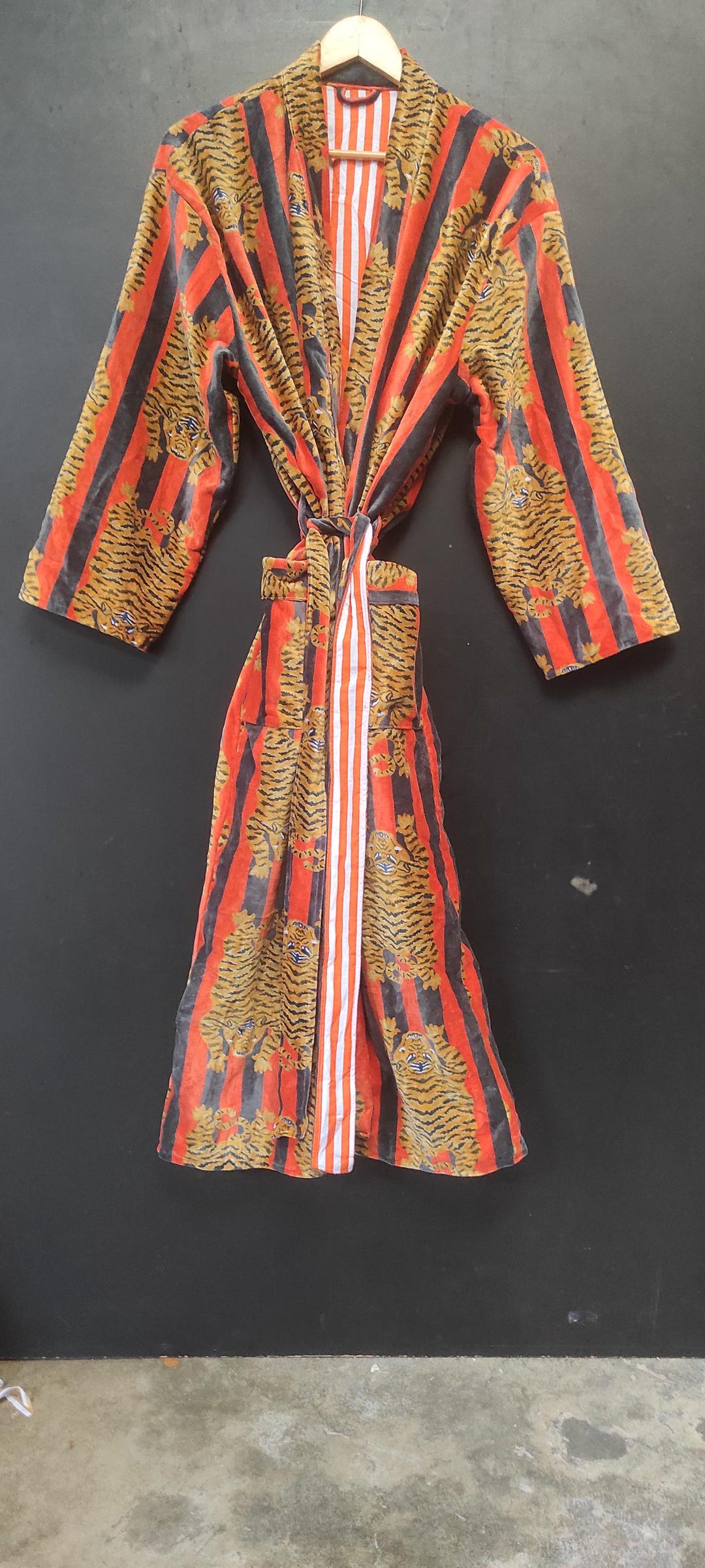 Tiger Stripe Velvet Kimono Robe, Cotton Kaftan Bathrop - Etsy