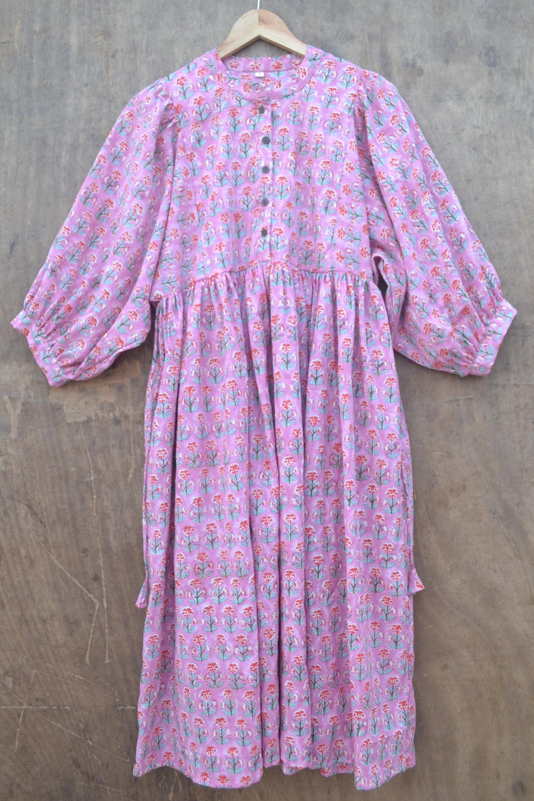 Hand Block Print Pink Floral Midi Mini Dress, Cotton Boho Summer Gown ...