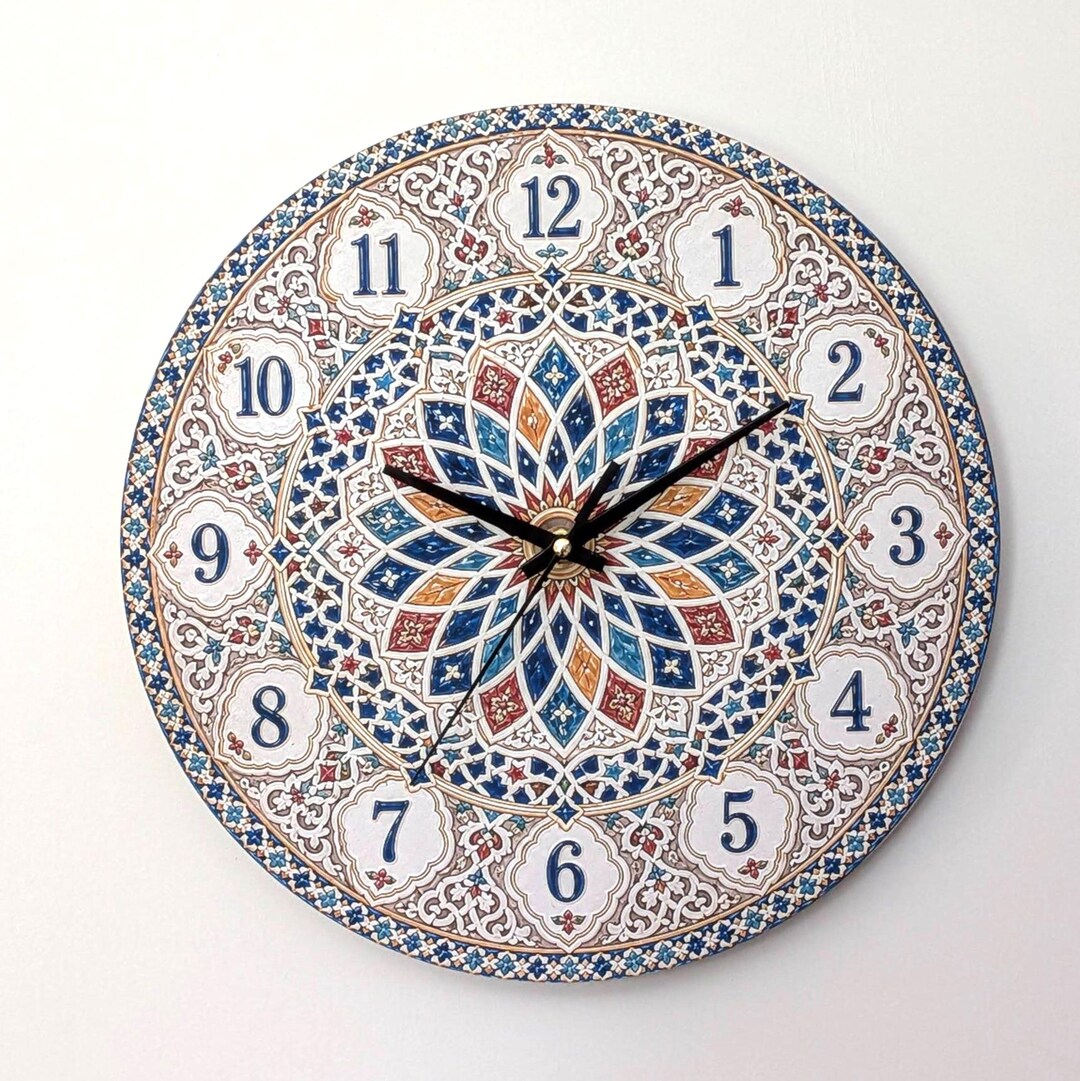 Moroccan Style Wall Clock, Blue, Printed Onto Plywood, Silent Quartz ...