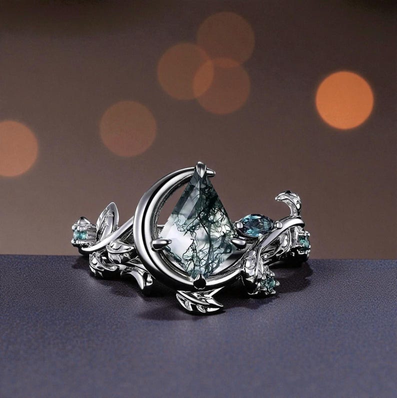 Kite Cut Moss Agate Ring, Crescent Moon Sterling Silver Engagement Ring ...