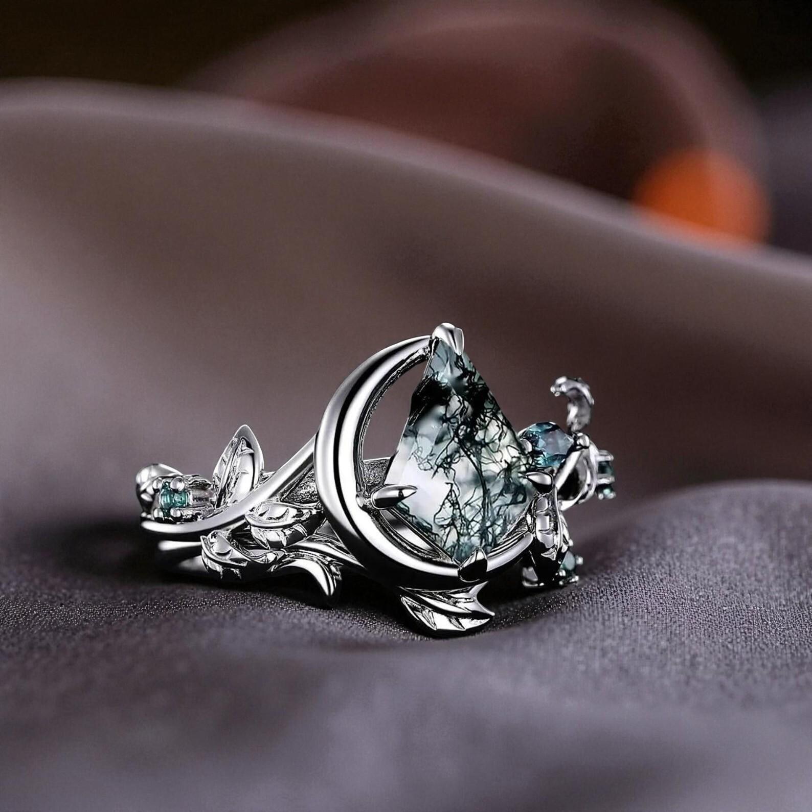 Kite Cut Moss Agate Ring, Crescent Moon Sterling Silver Engagement Ring ...