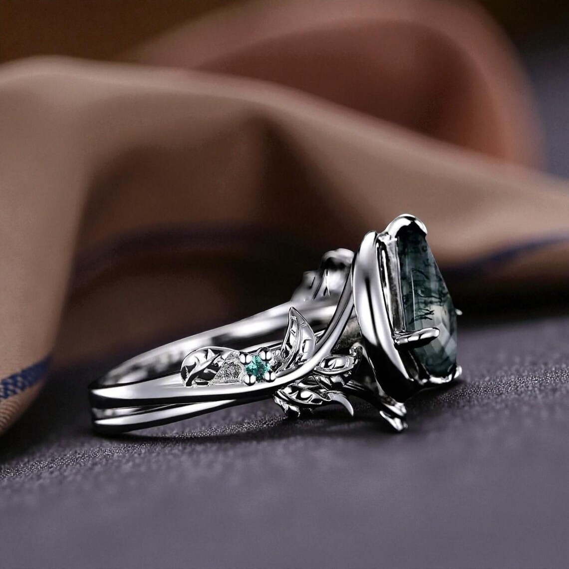 Kite Cut Moss Agate Ring, Crescent Moon Sterling Silver Engagement Ring ...